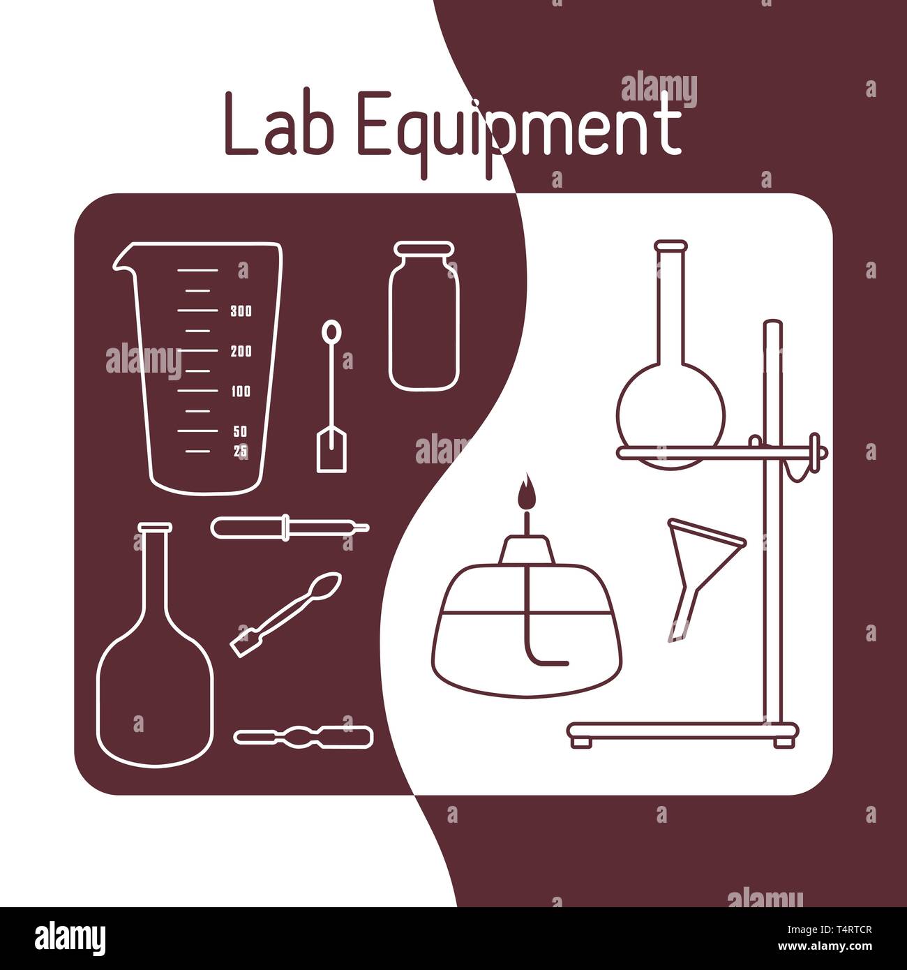 Vector science illustration with flasks, equipment stand, burner, tools ...