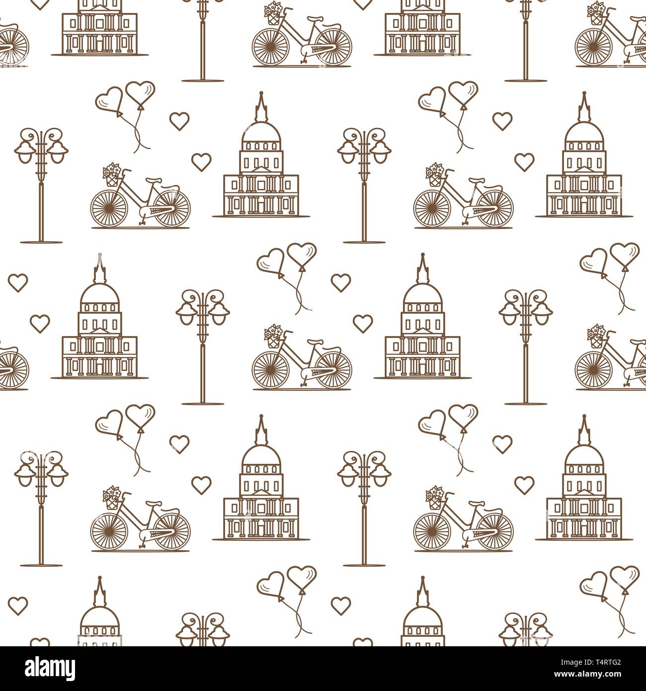 Seamless pattern with famous building, bicycle, lantern, balloons ...