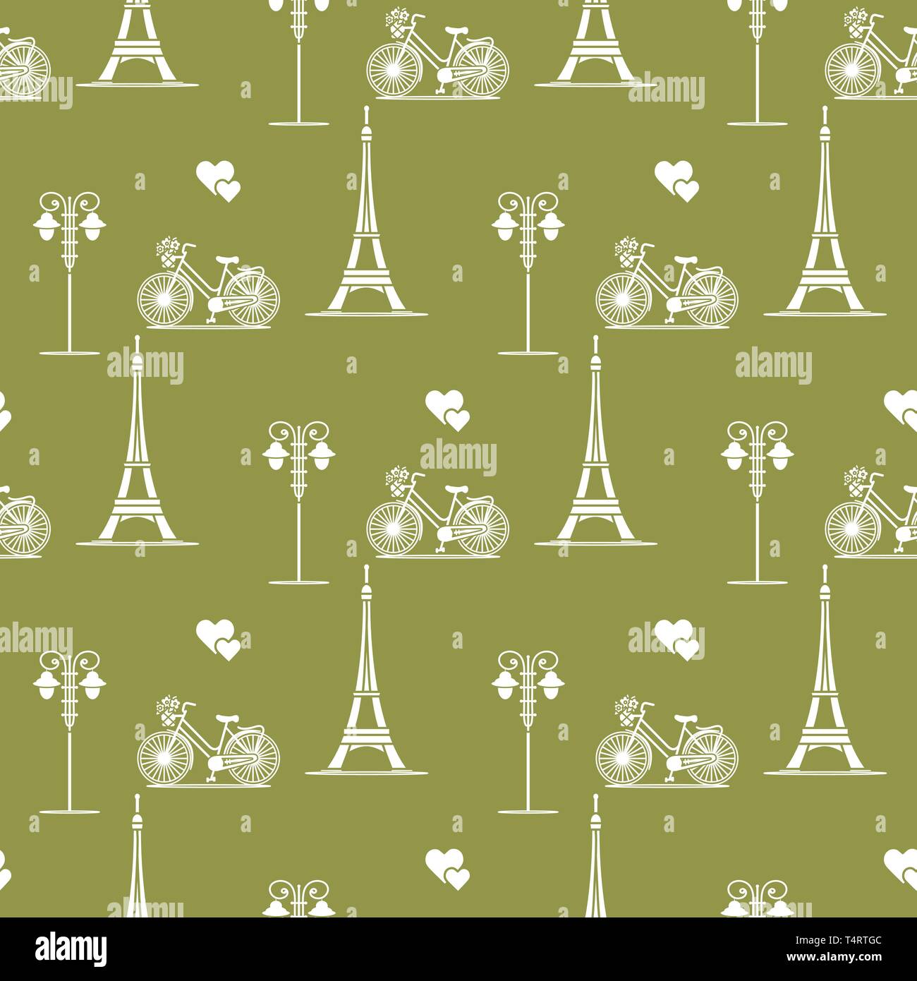 Seamless pattern with famous tower, bicycle, lantern, hearts. Travel ...