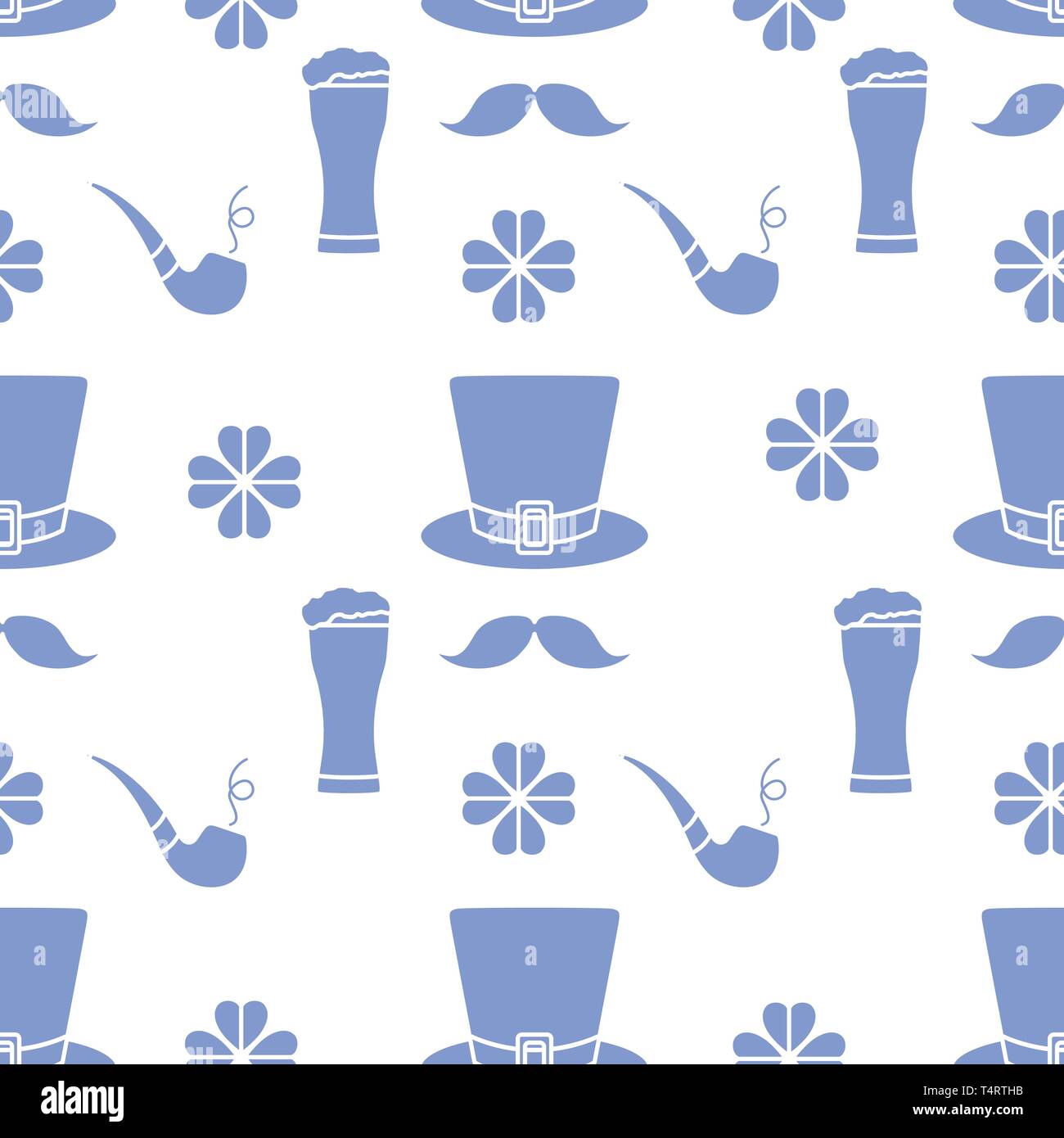Seamless pattern with clover leaves, mustache, glass of beer, hat ...
