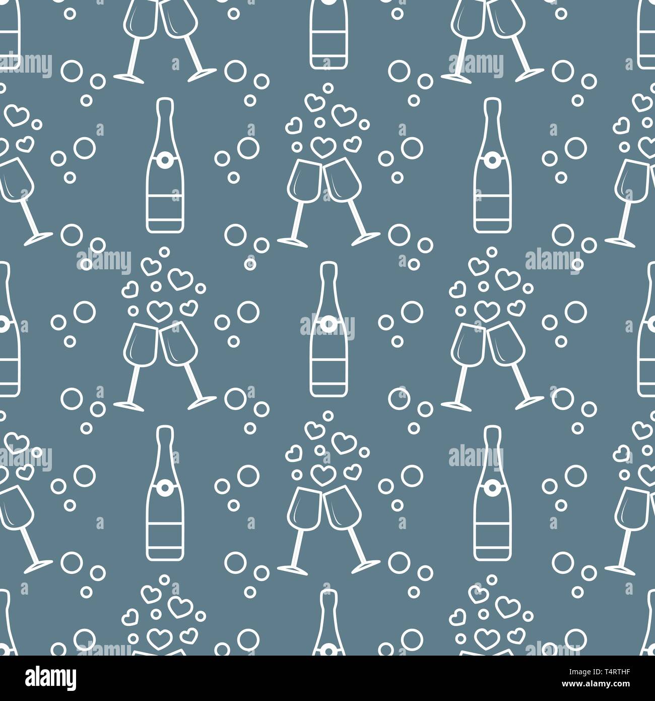 Seamless pattern with champagne glasses, hearts, bottle. Greeting card ...