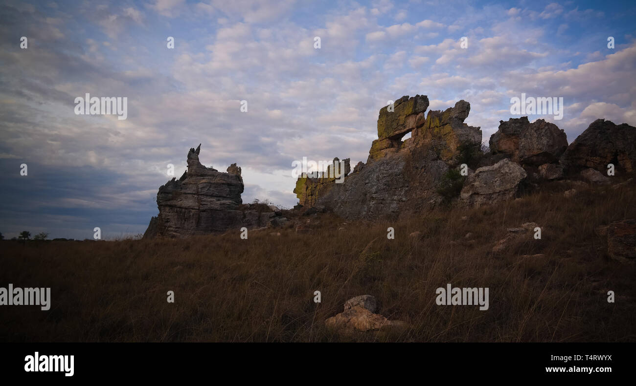 Abstract Rock formation aka window at Isalo national park at sunset in ...