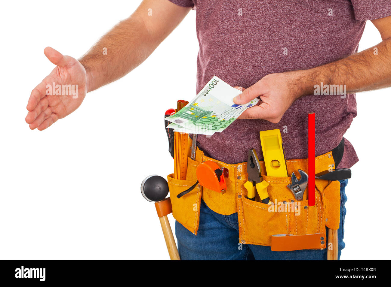 Close up picture of a repairman with toolbelt on isolated background ...