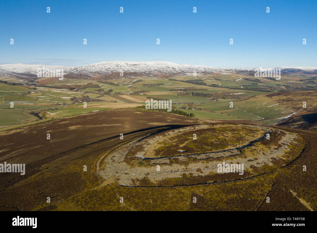 Aerial view of the White Caterthun an Iron Age hill fort overlooking ...