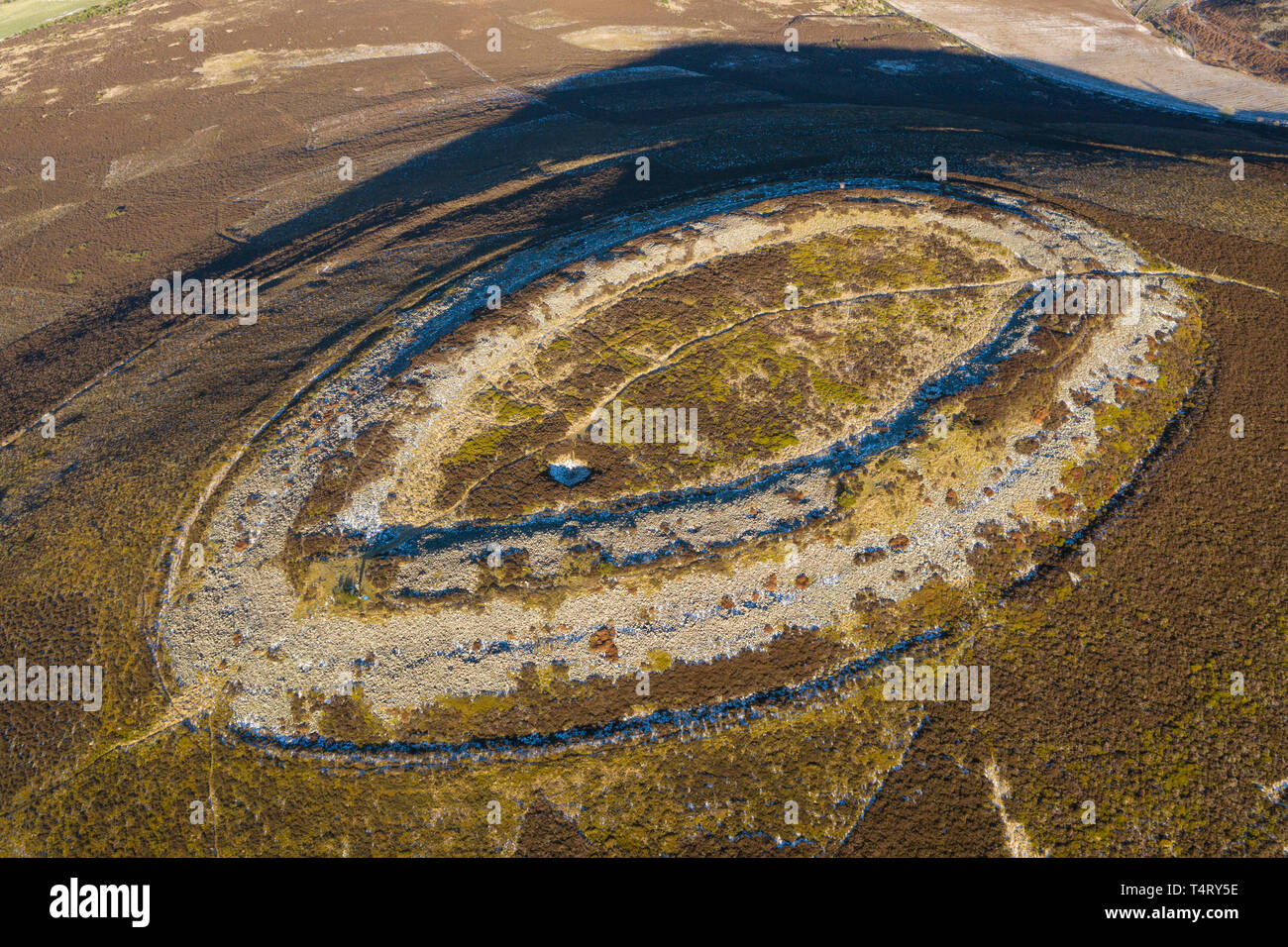 Aerial view of the White Caterthun an Iron Age hill fort overlooking ...