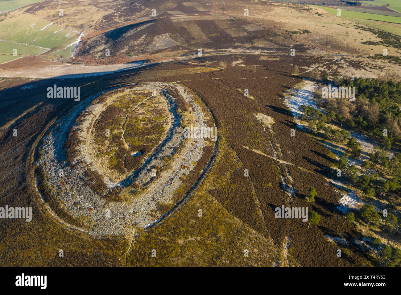 Aerial view of the White Caterthun an Iron Age hill fort overlooking ...