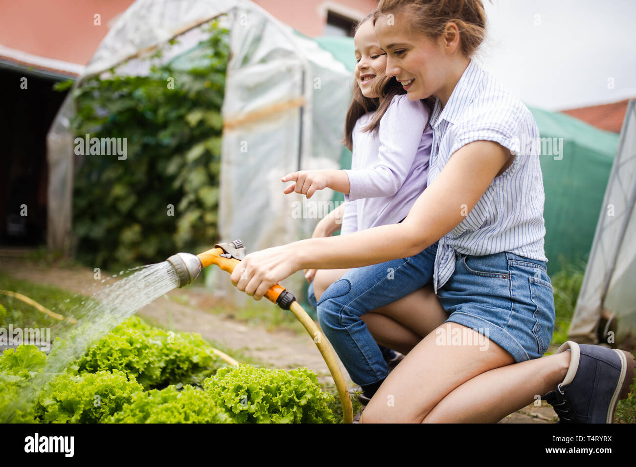 Mother and daughter working in the farm Stock Photo - Alamy