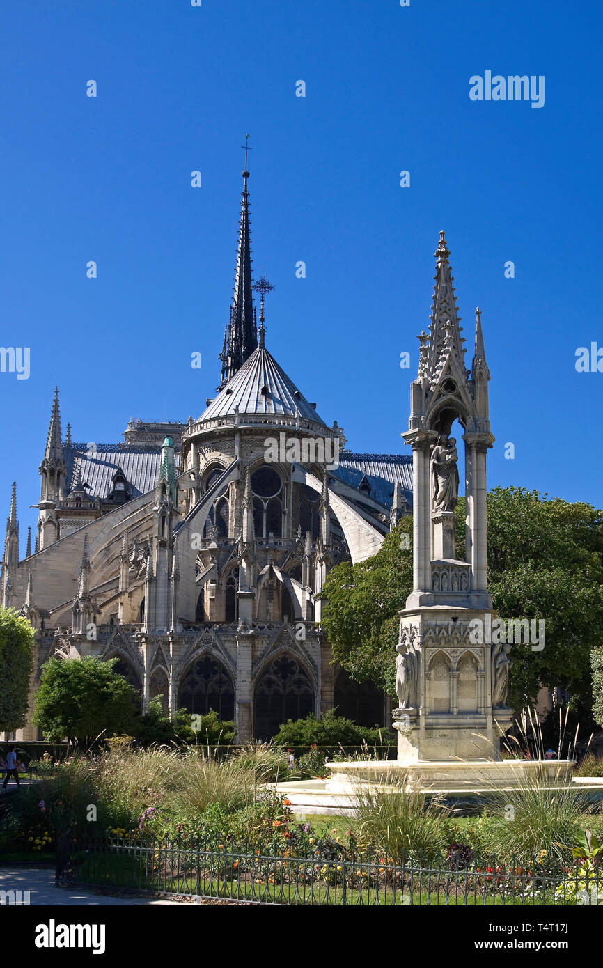 Notre Dame Cathedral; rear view; flying buttresses; spires; medieval ...