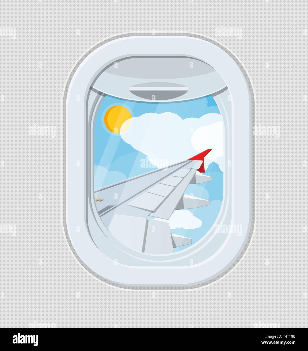 Window from inside the airplane. Aircraft porthole shutter and wing ...