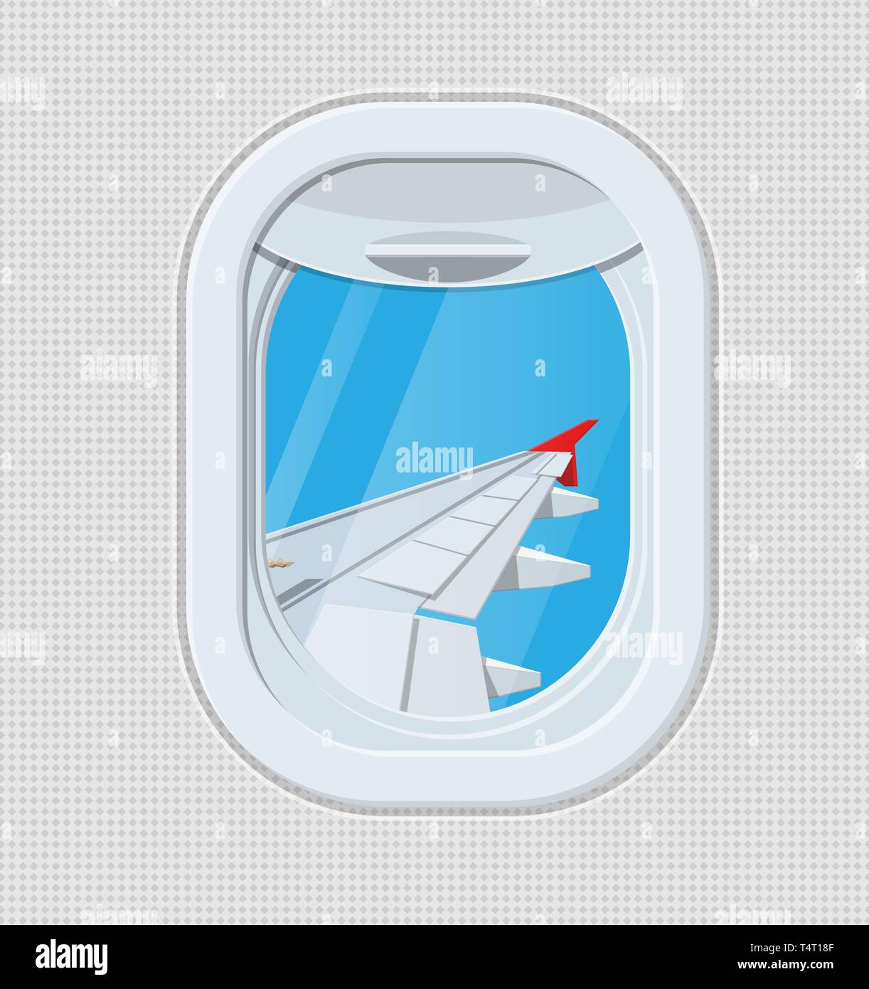 Window from inside the airplane. Aircraft porthole shutter and wing ...