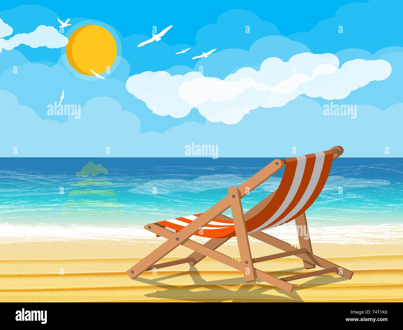 Landscape of wooden chaise lounge on beach. Seaguls in sky. Sun with ...