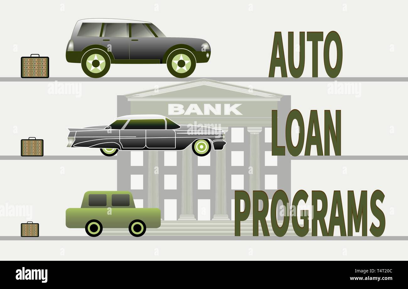 Composition with cars, briefcases, bank building. Three different cars ...