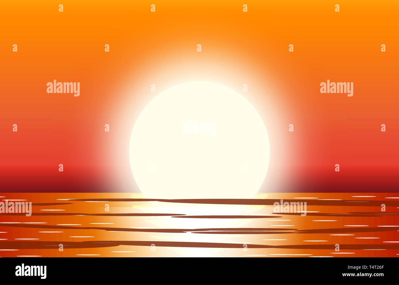 Sun with reflection in water. Sunset in tropical place. Vector ...