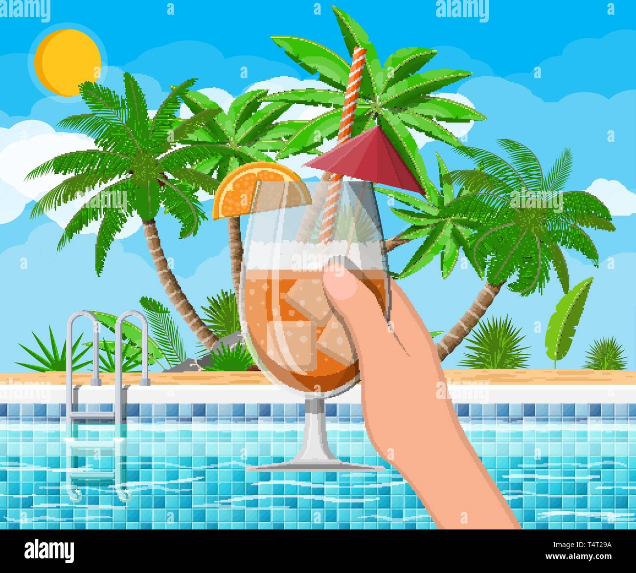 Glass of cold drink, alcohol cocktail in hand. Swimming pool and ladder ...