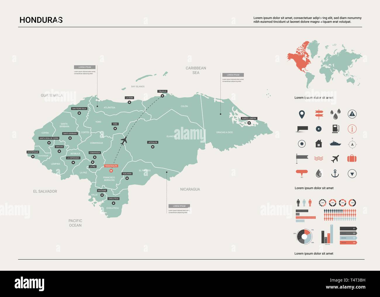 Vector map of Honduras. High detailed country map with division, cities ...