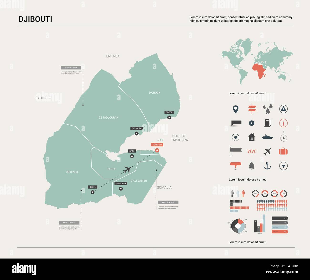 Vector map of Djibouti. High detailed country map with division, cities ...