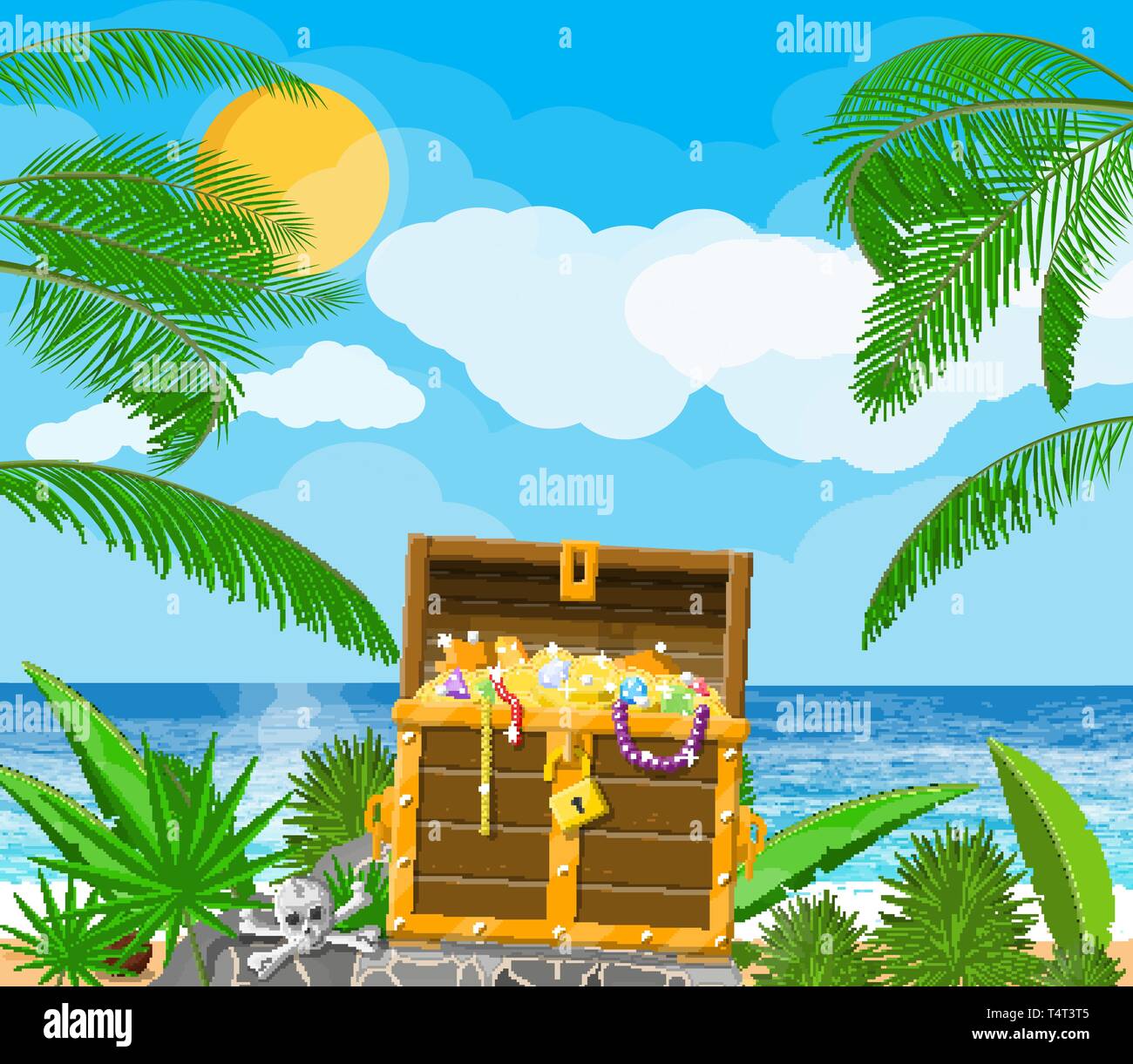 Pirates treasure island with chest full of gems and gold, death skull ...