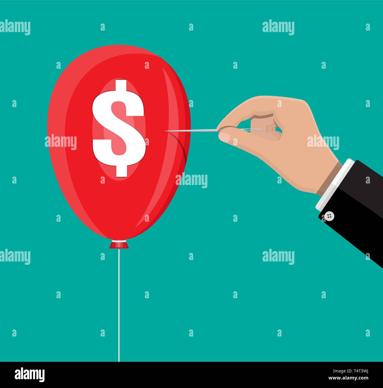 Hand with needle pierces the balloon with dollar sign. Concept of ...