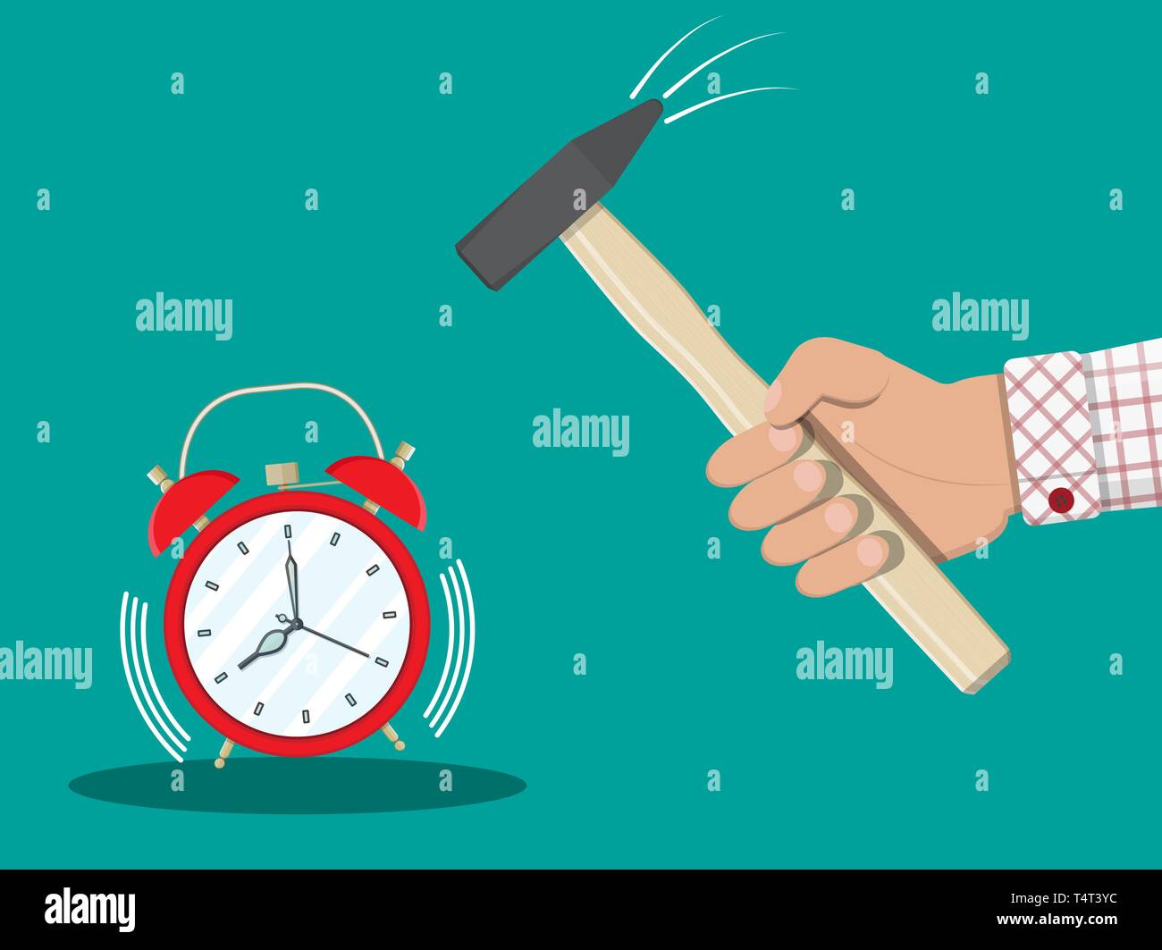 Hand with hammer trying to break alarm clock. Time management issues ...