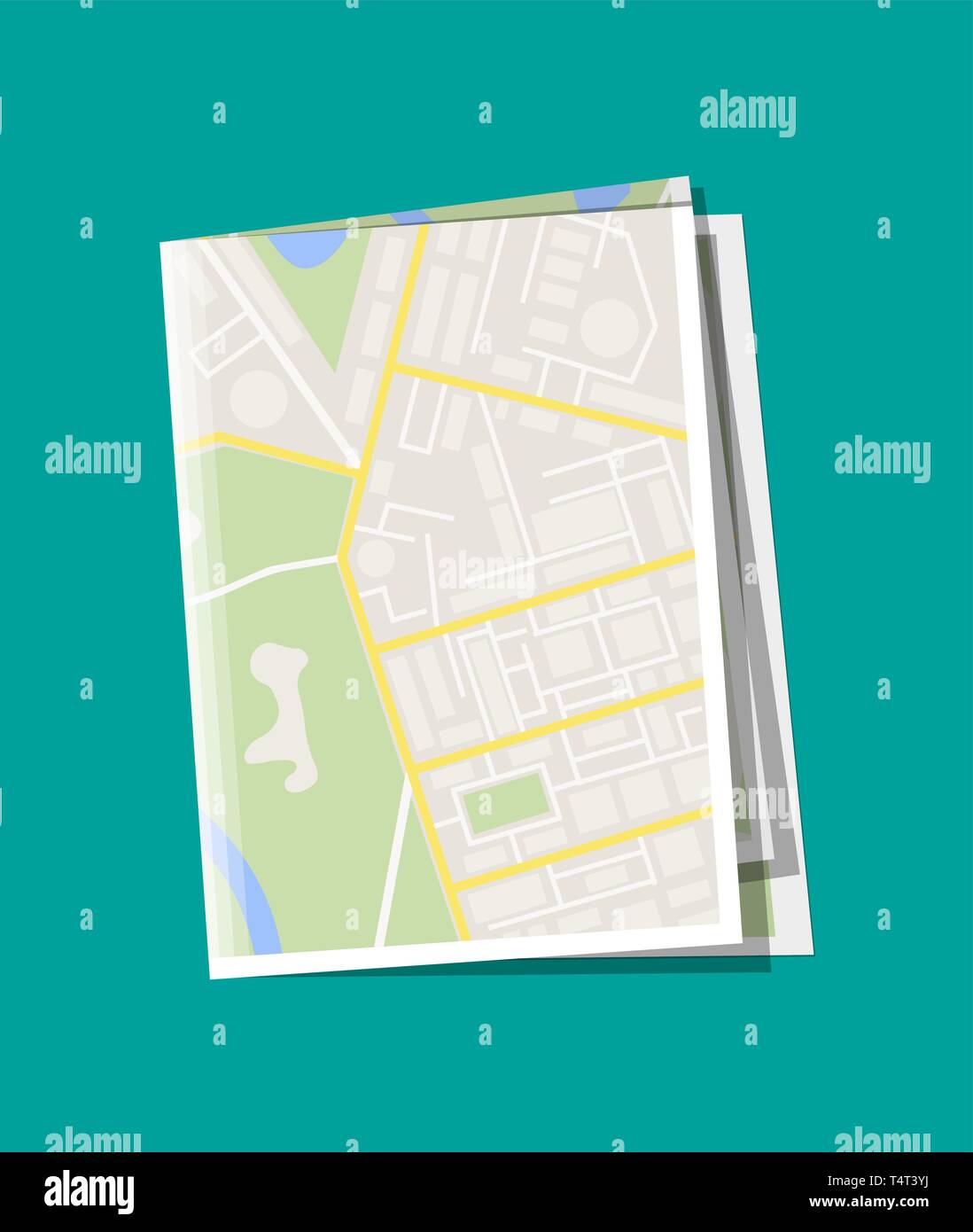 Folded paper city suburban map. Abstract generic map with roads, buildings, parks, river, lake ...