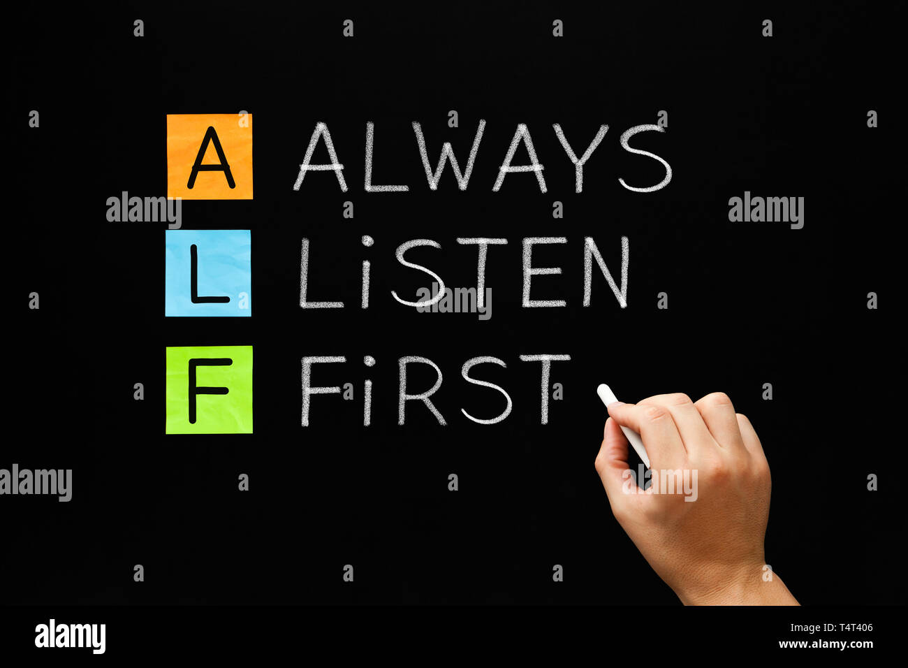 Hand writing Always Listen First - ALF acronym concept with white chalk ...