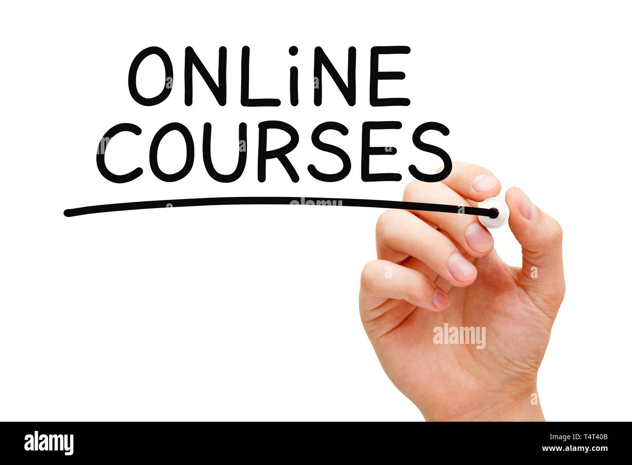 Hand writing Online Courses with black marker on transparent wipe board ...