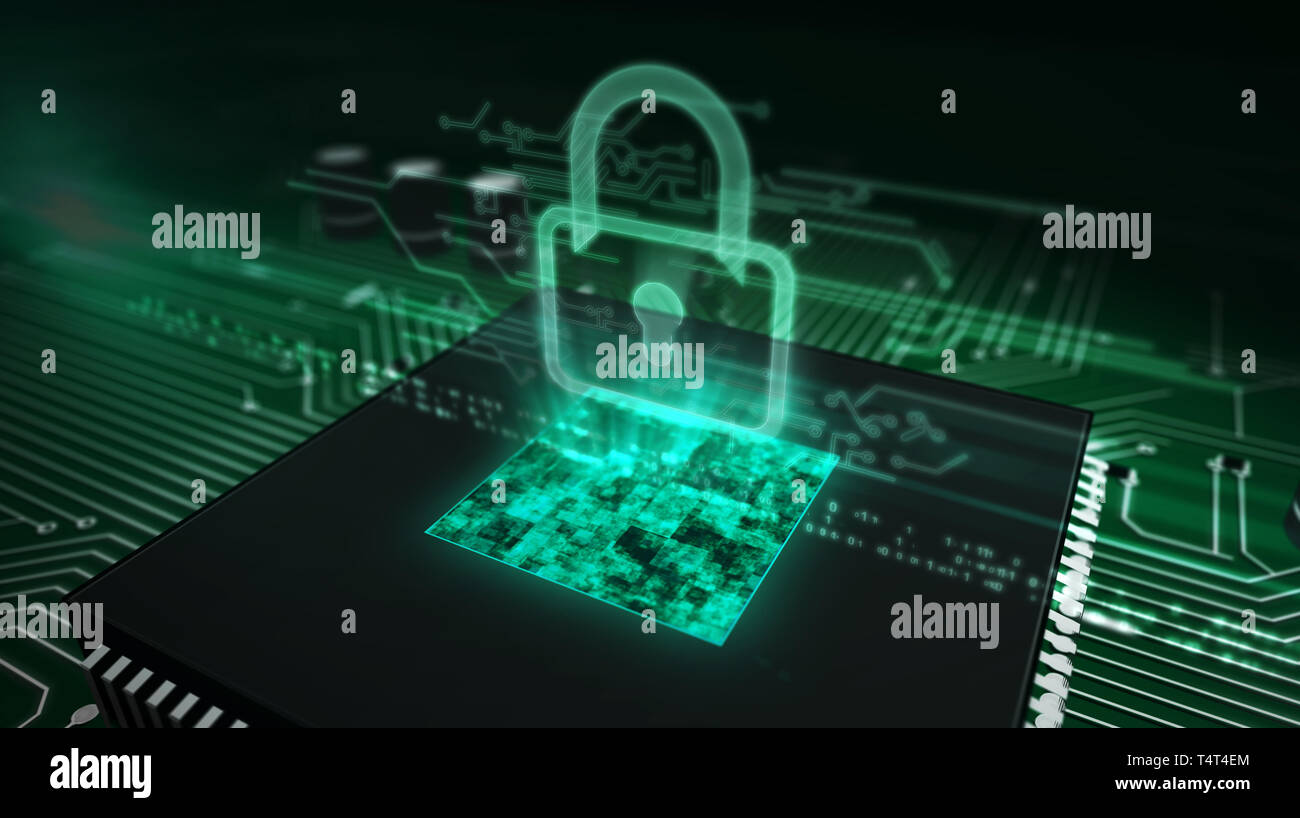 Cyber security concept with padlock hologram over working cpu in ...