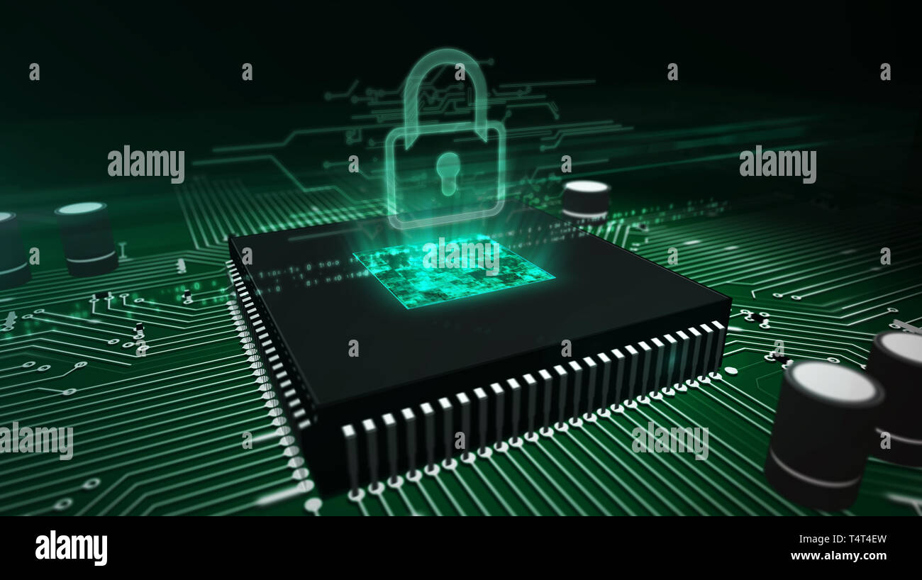 Cyber security concept with padlock hologram over working cpu in ...