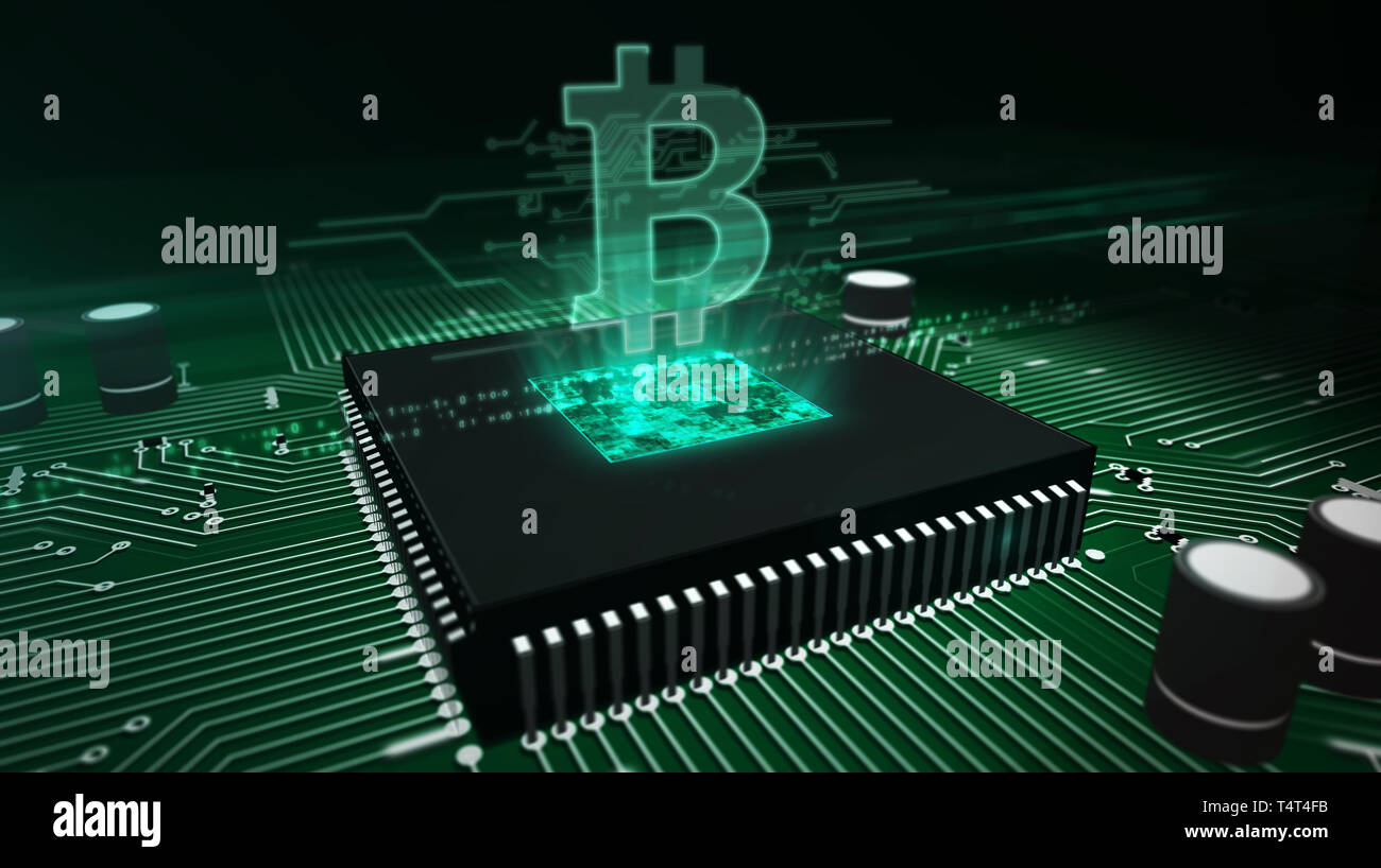 Cryptocurrency mining concept with bitcoin hologram over working cpu in ...