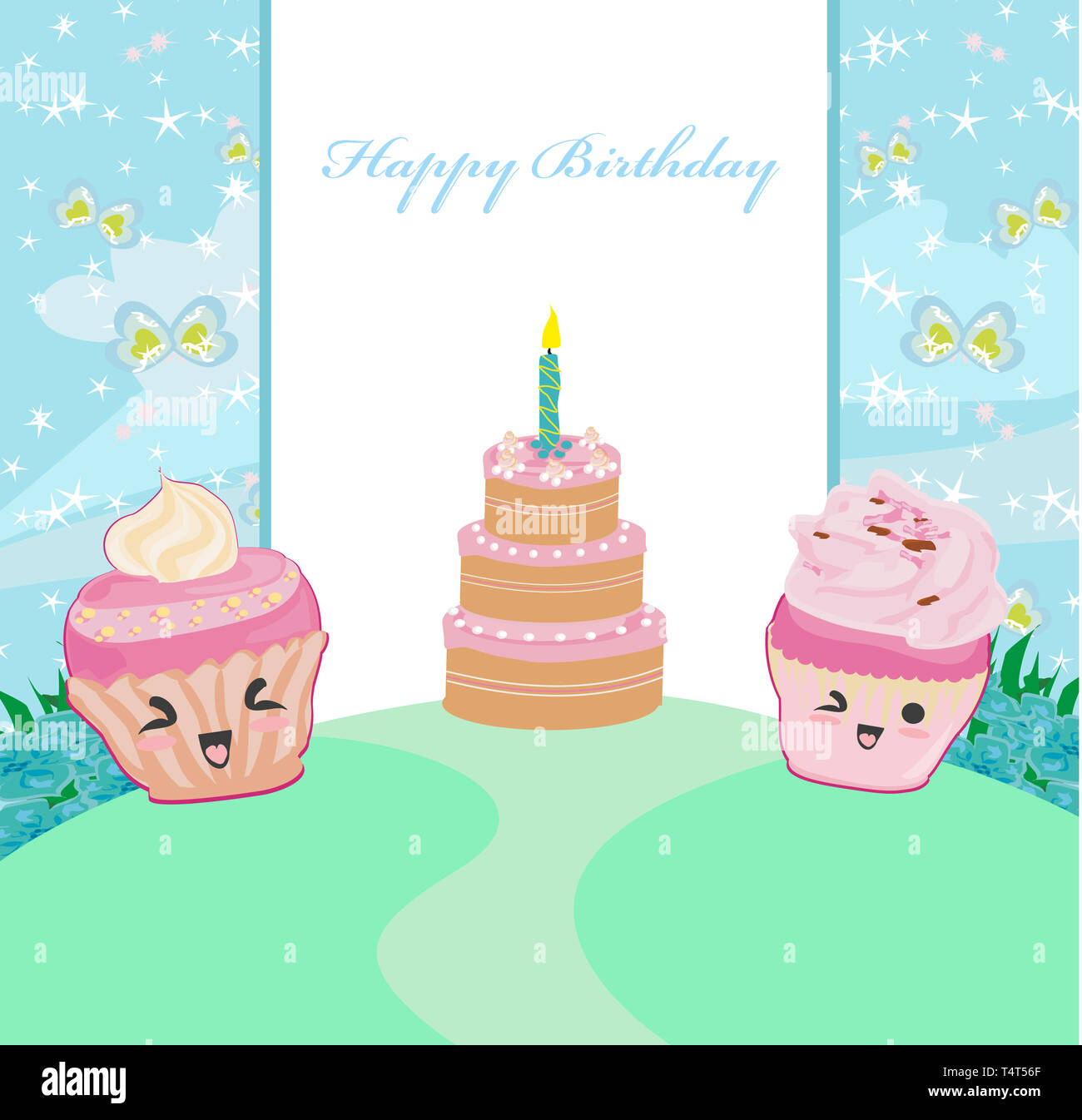 illustration of cute cupcakes - Happy Birthday Card Stock Photo - Alamy