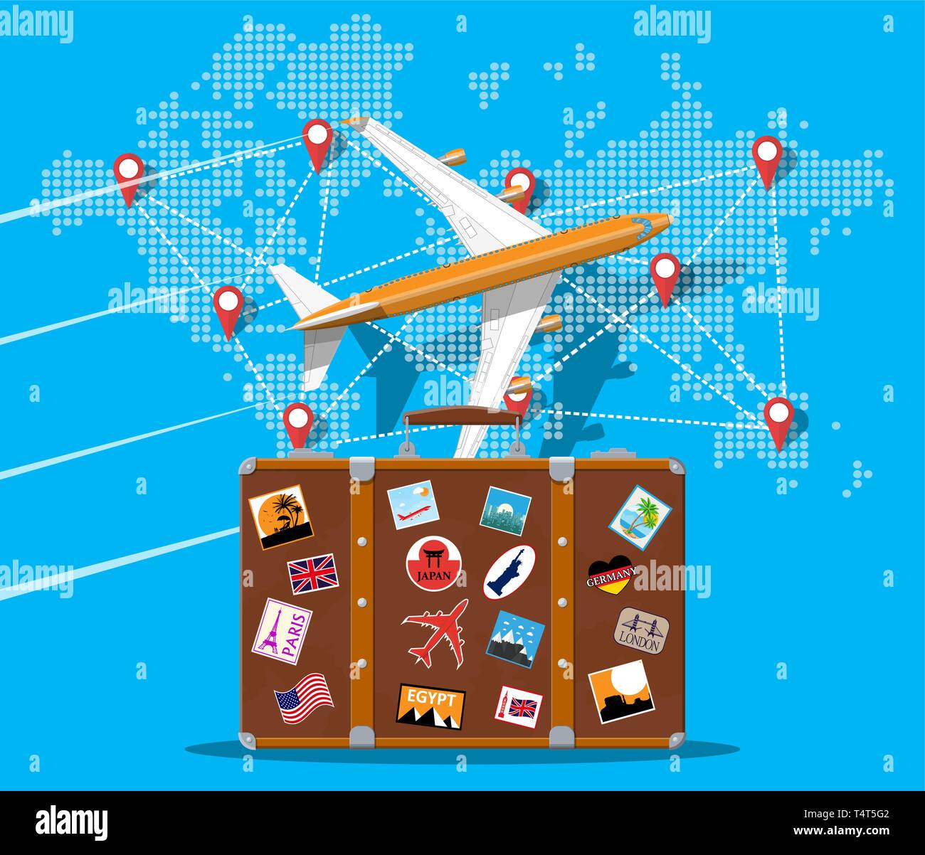 Travel suitcase with stickers of countrys and citys all over the world ...
