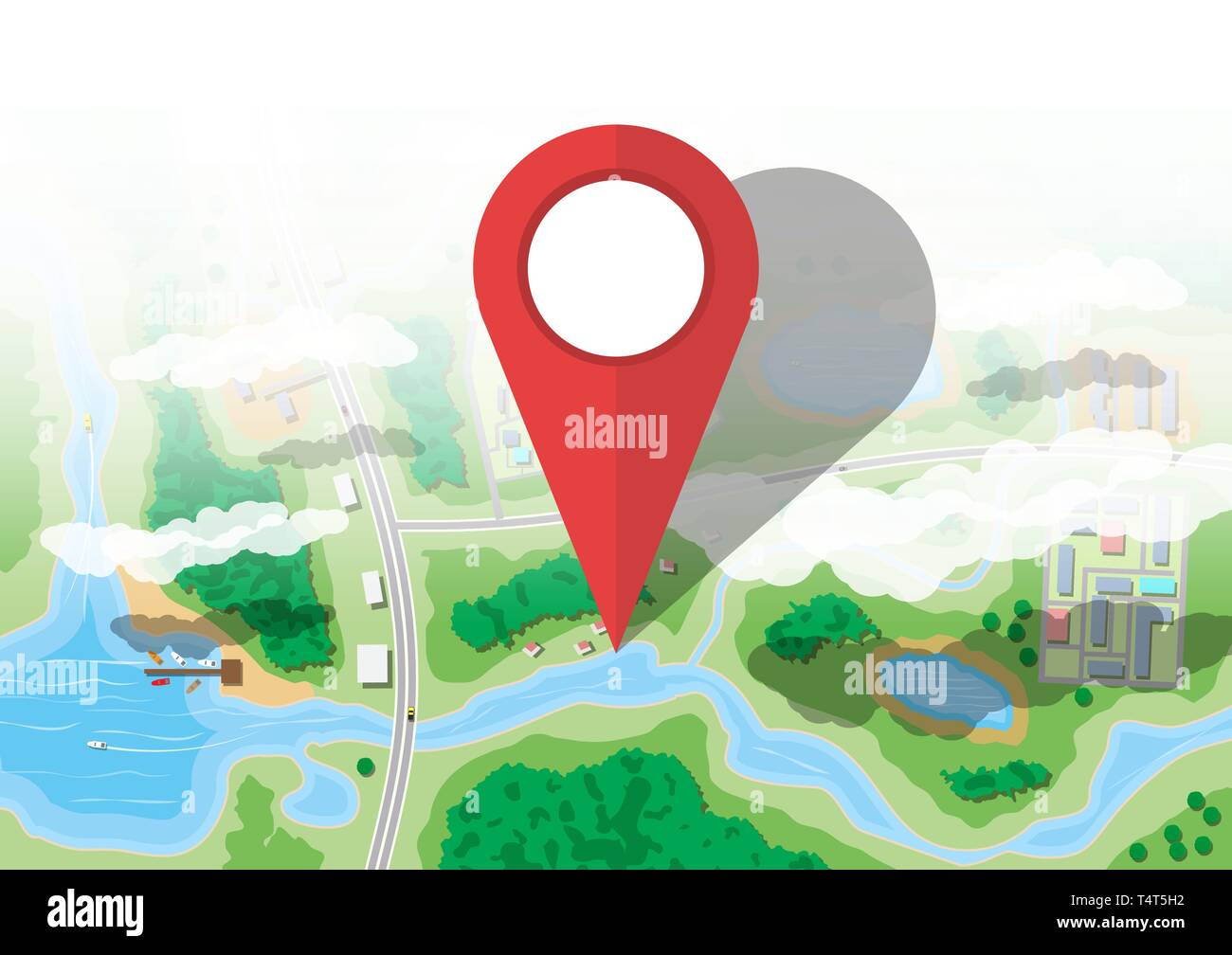 Location pin. Suburban map with houses with car, boats, trees, road ...