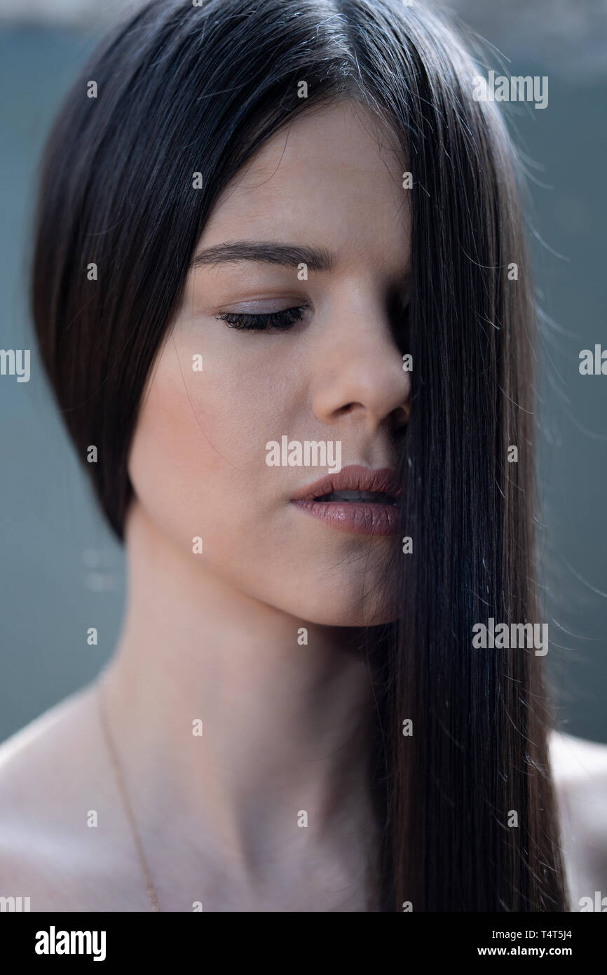 Brunette with very beautiful hair. Large portrait Stock Photo - Alamy