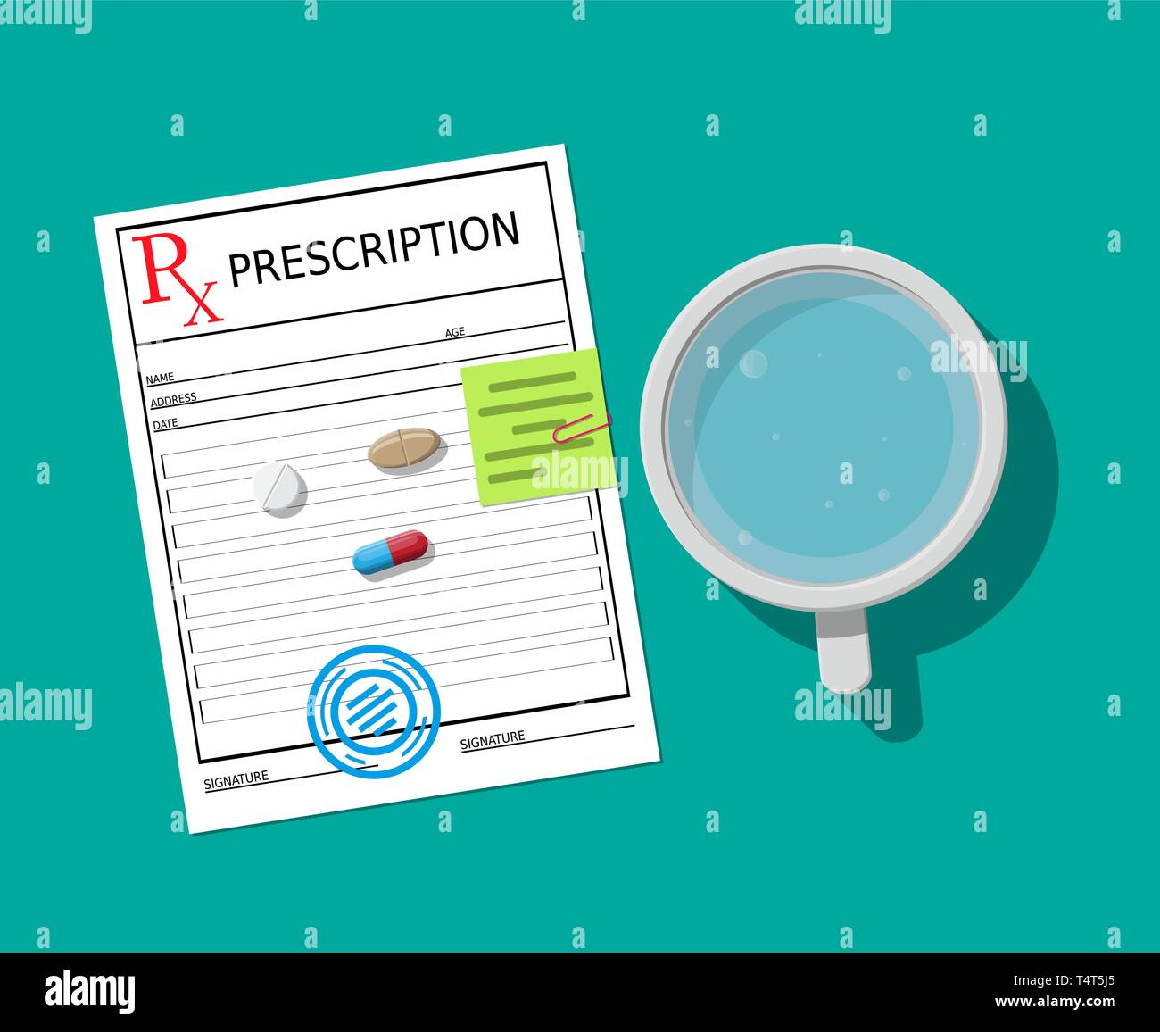 Rx prescription recipe, glass of water and pills. Taking medication ...
