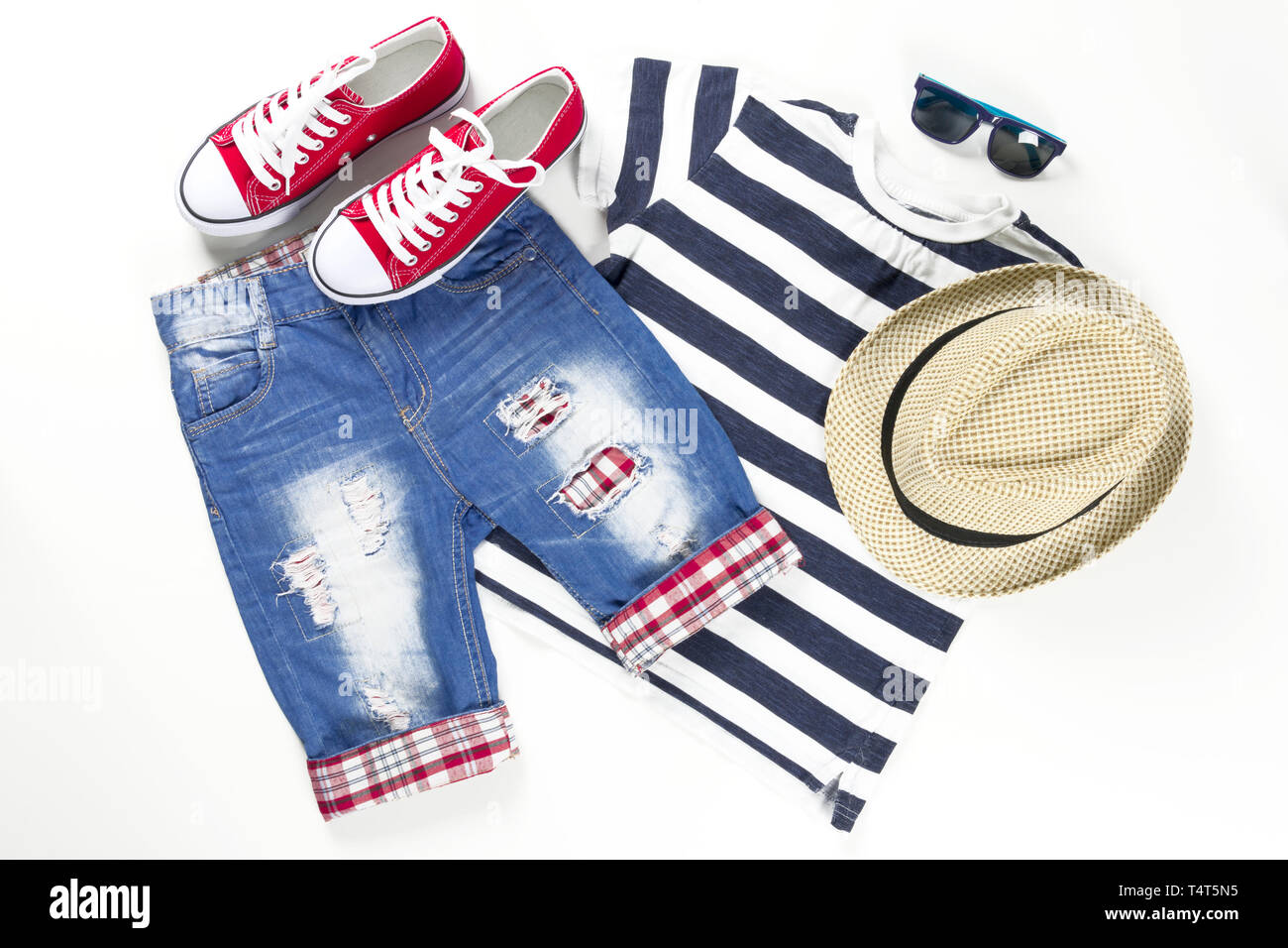 Collage of children clothing in marine style. Summer, spring boy outfit ...