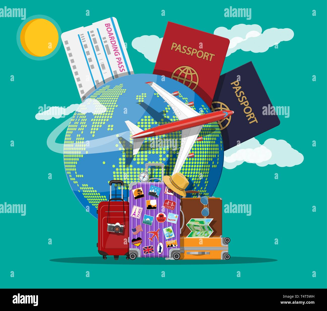 Travel suitcase with stickers of countrys and citys all over the world ...