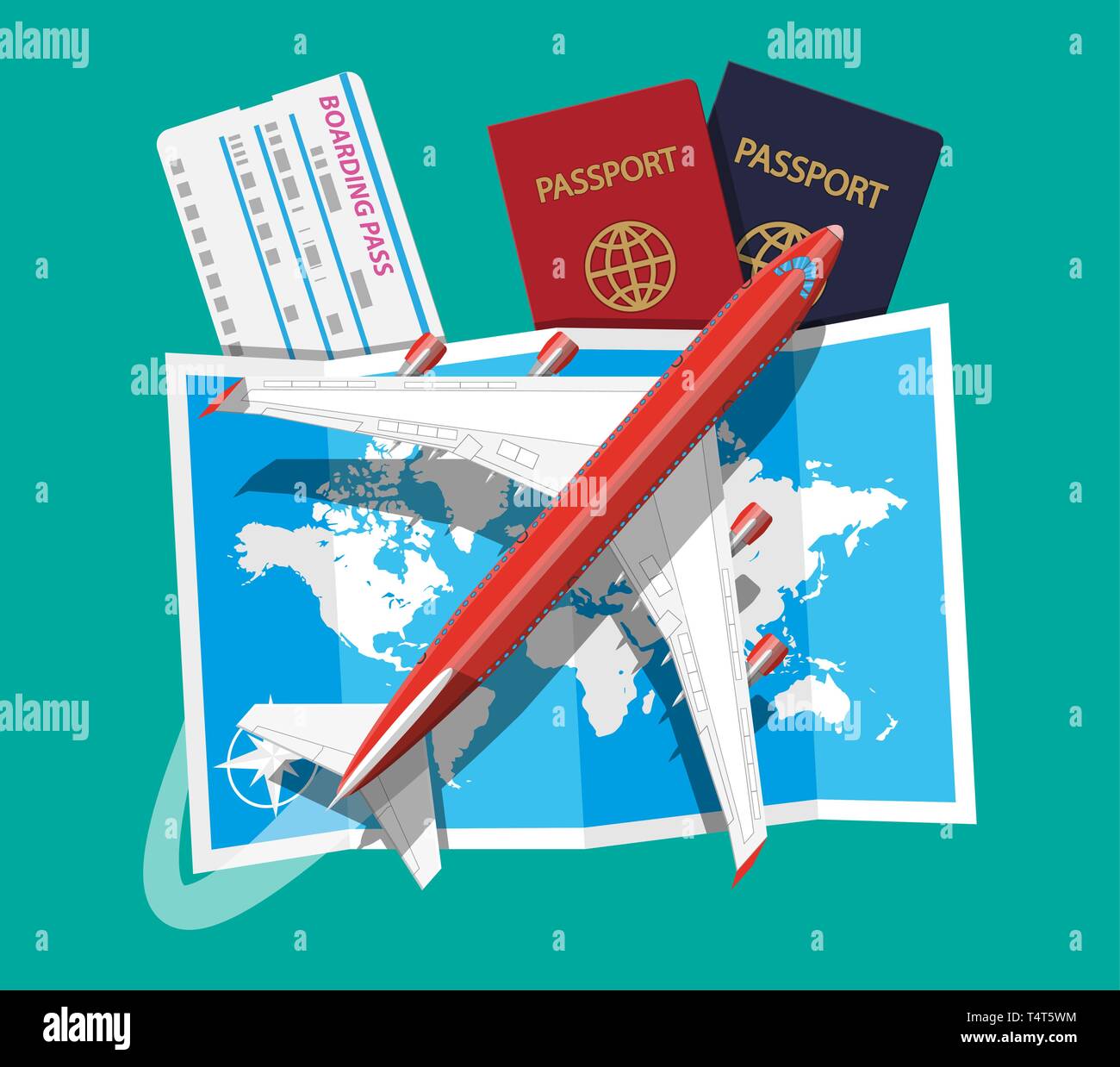 Airplane top view. Passenger or commercial jet, boarding pass and ...