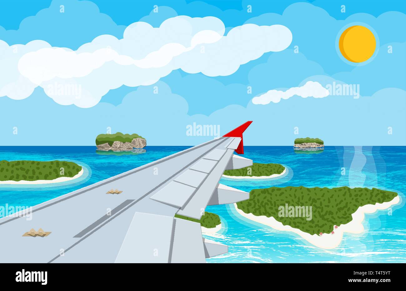 View of wing of aircraft in sky. Tropical islands with palm tree in ...