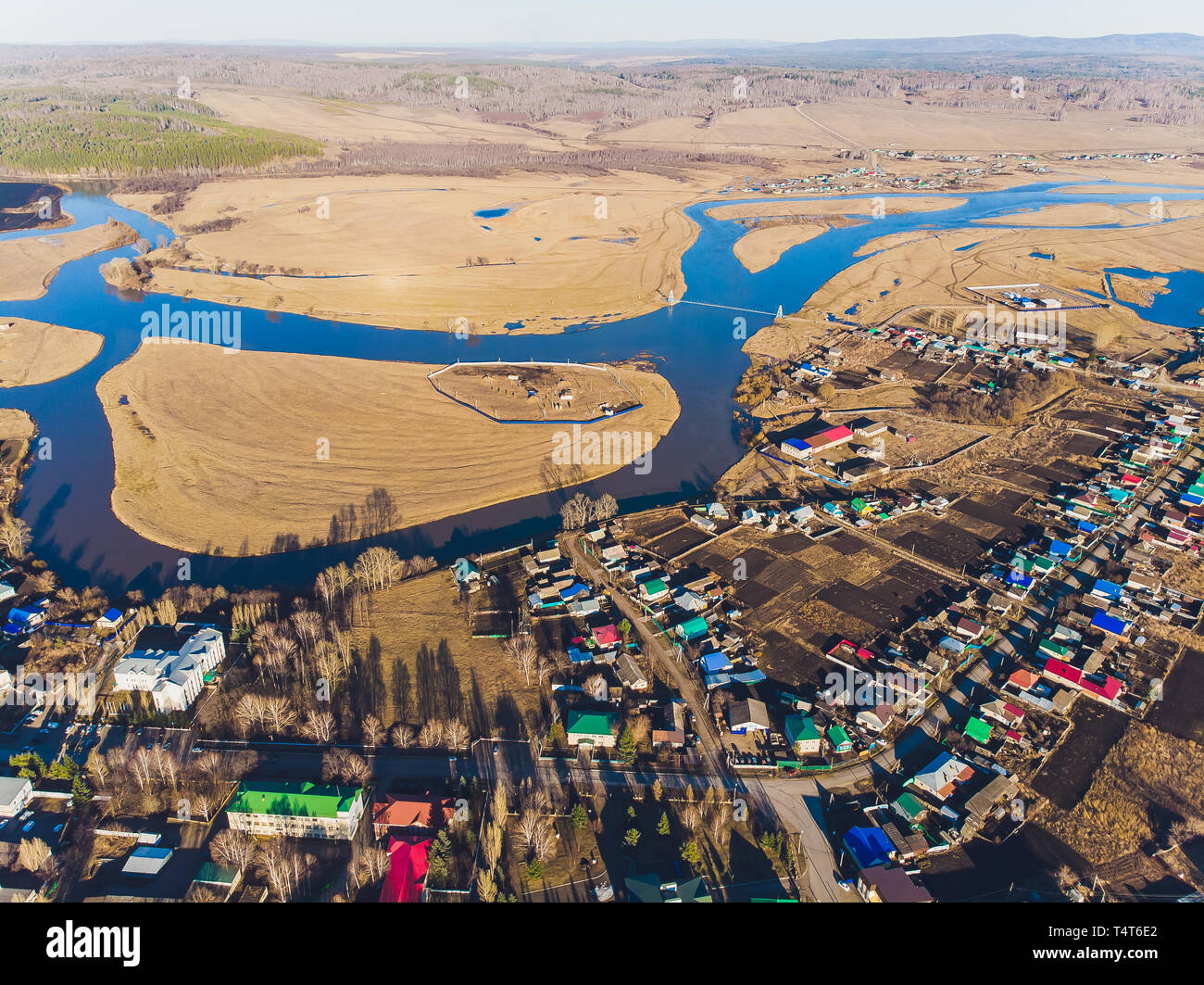 Top view of the small village. Aerophotographing above the village ...