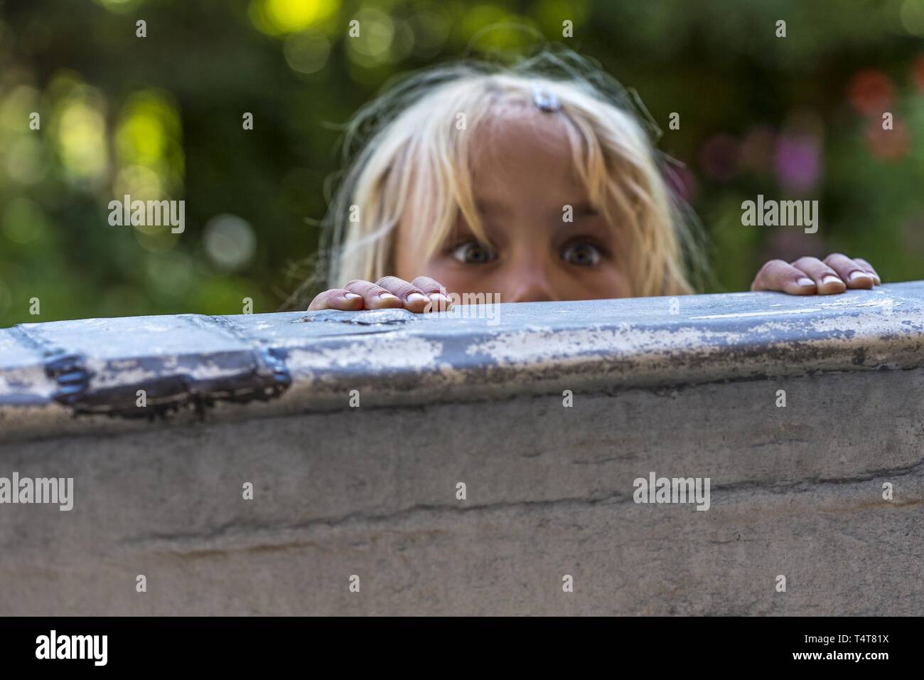 Girl (7) looks over a wall Stock Photo - Alamy