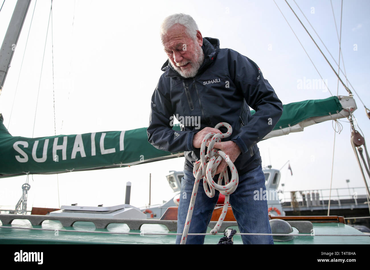 Sir Robin Knox-Johnson on board his boat in the Premier Marina, Gosport ...
