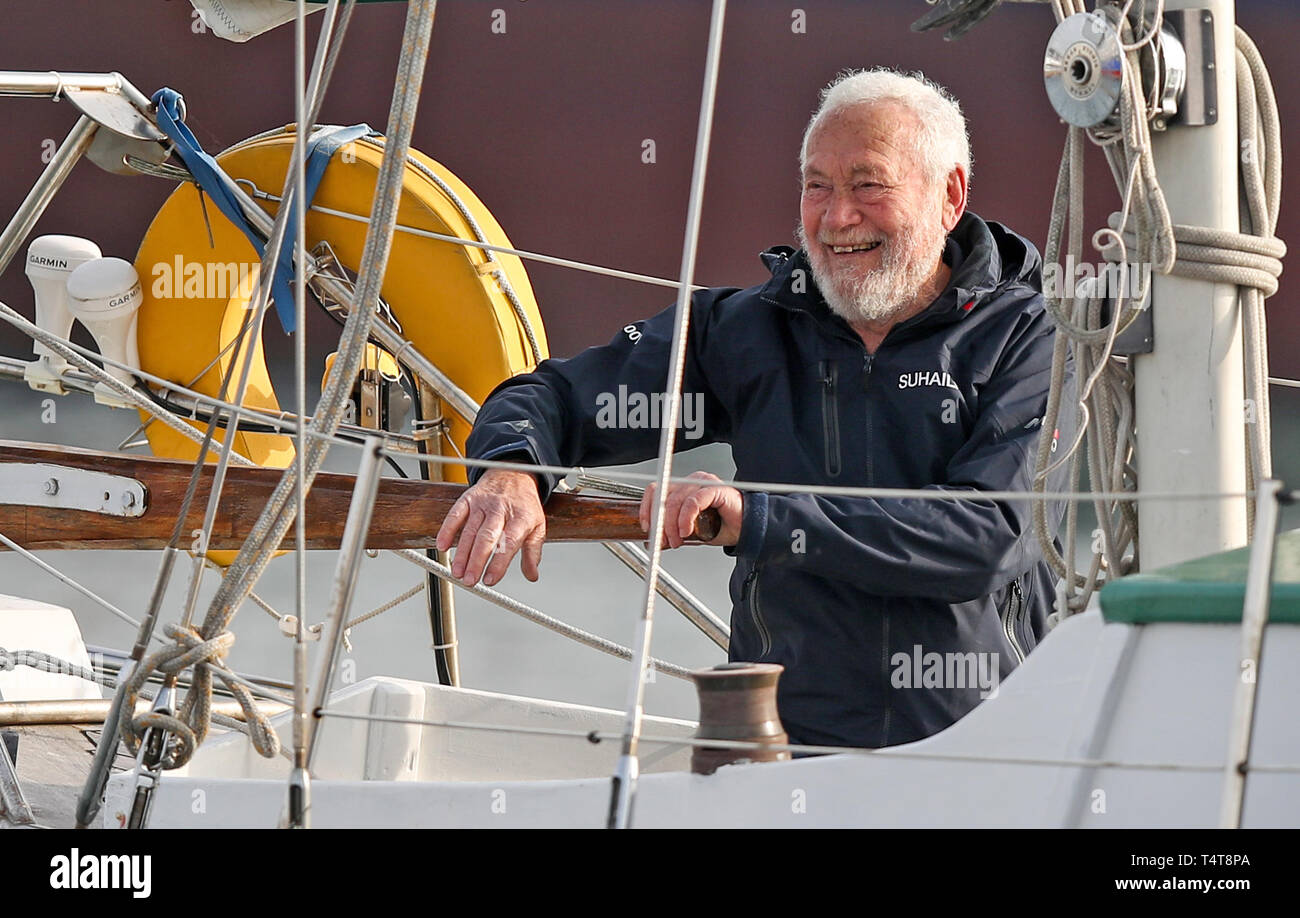 Sir Robin Knox-Johnson on board his boat in the Premier Marina, Gosport ...
