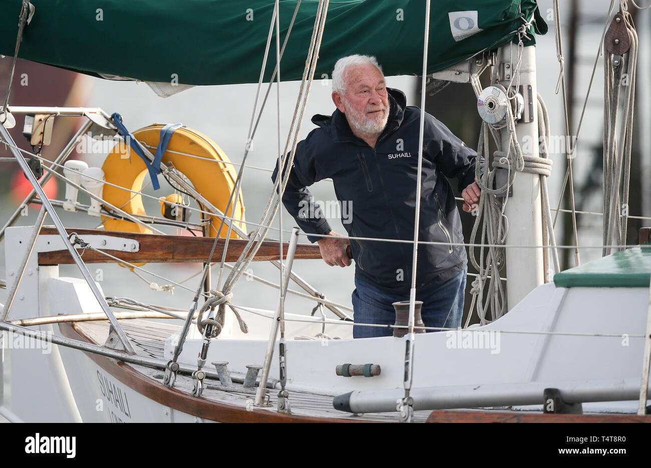 Sir Robin Knox-Johnson on board his boat in the Premier Marina, Gosport ...