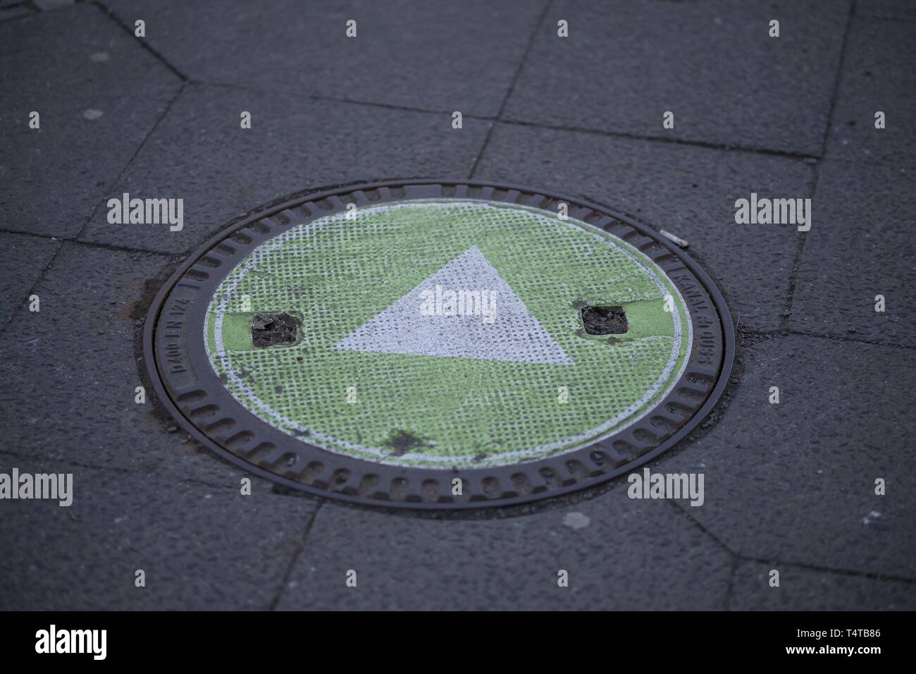 Manhole cover with start button, Berlin, Germany, Europe Stock Photo ...