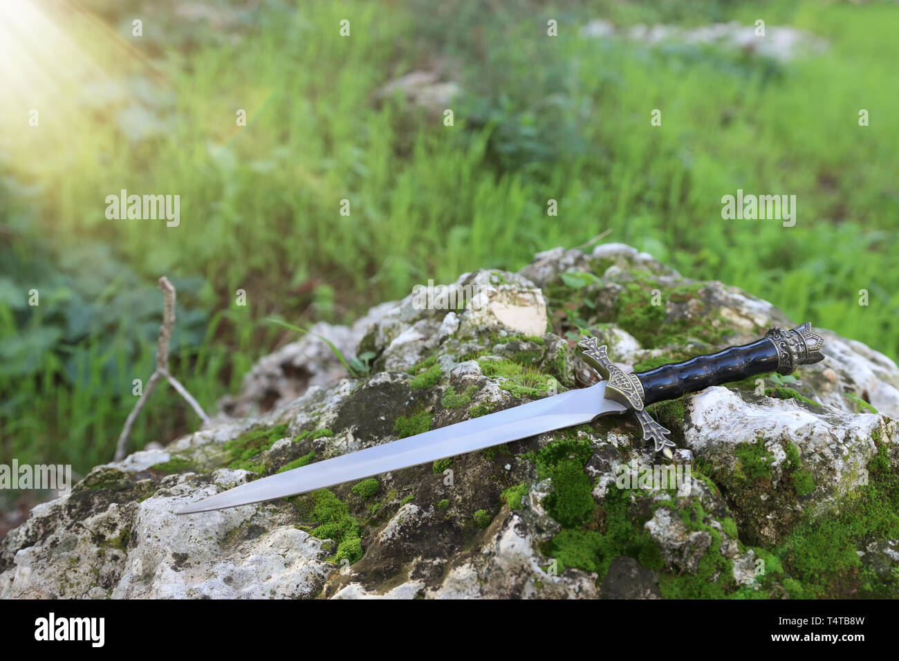 mysterious and magical photo of silver sword over the stone covered ...
