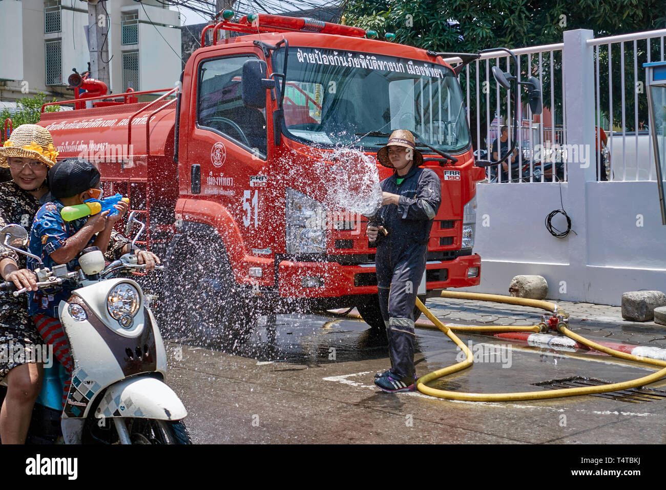 Songkran Thailand New Year and water festival 2019 with a young boy ...