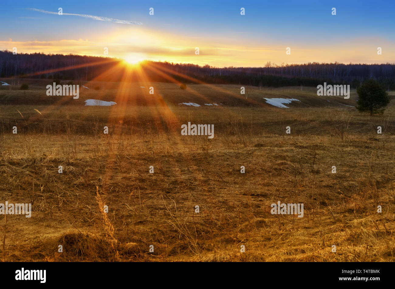 Landscape in early spring, with the sunset and the rays of the sun ...