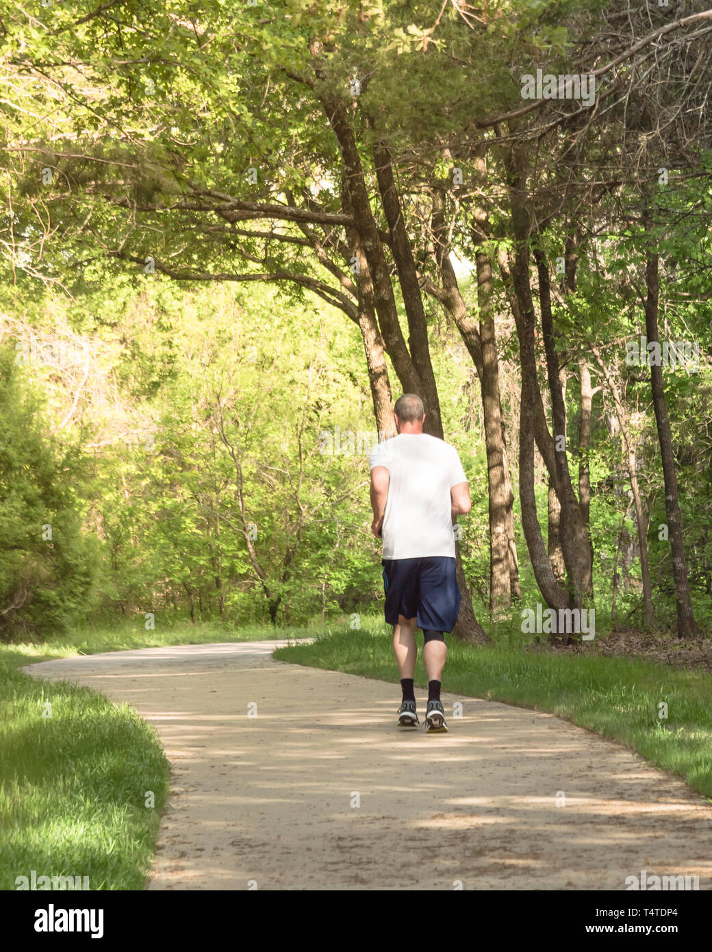 Rear view of senior Caucasian man running at nature park during sunset ...