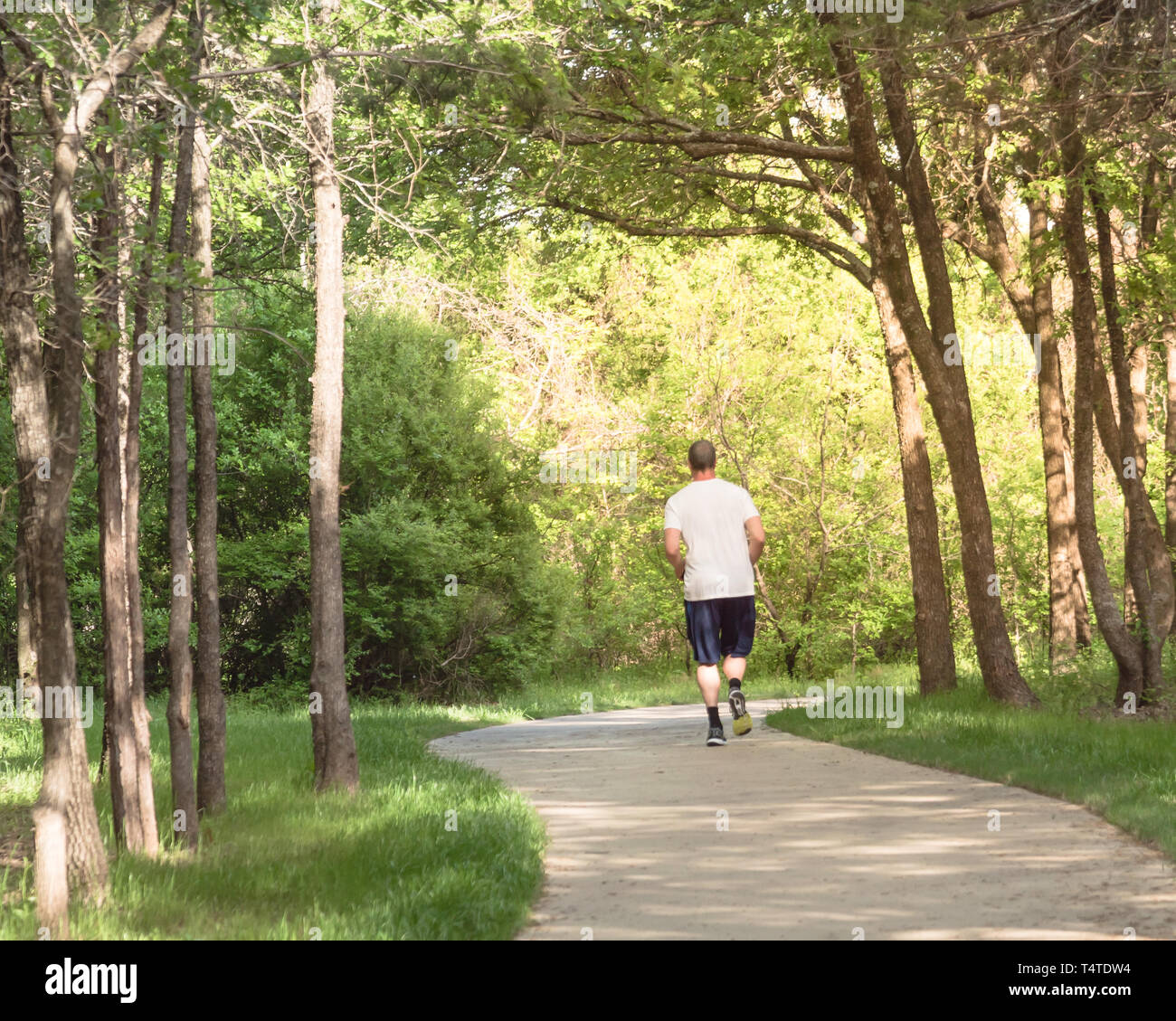 Rear view of senior Caucasian man running at nature park during sunset ...