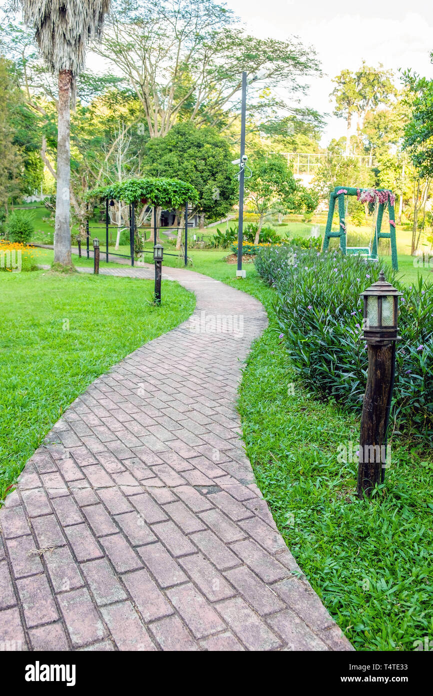 Walkway and path brick in shady garden Stock Photo - Alamy